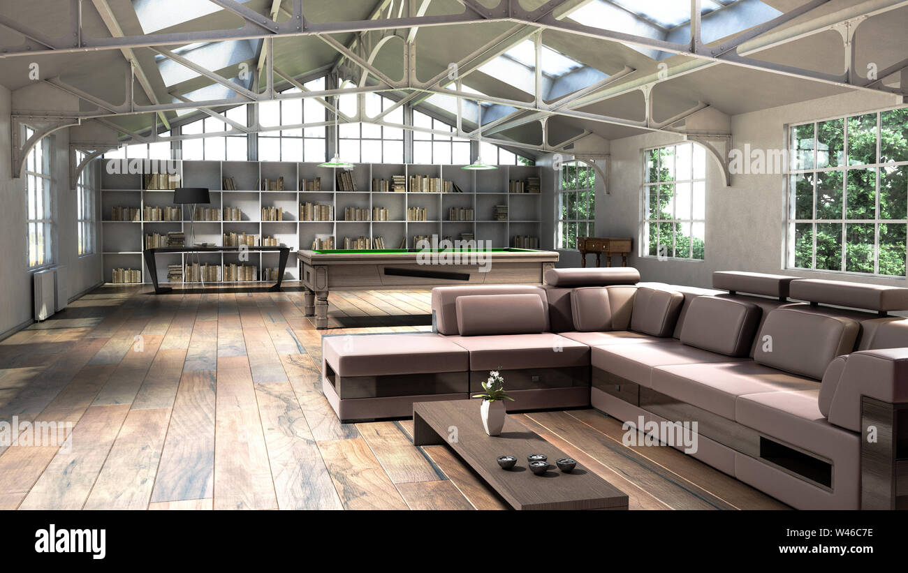 house white interior with large window 3d illustration Stock Photo - Alamy