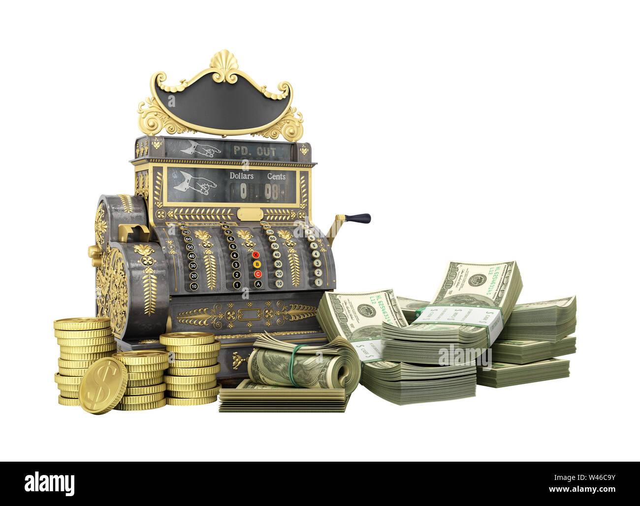 Old vintage cash register with money and 3d render on white background ...