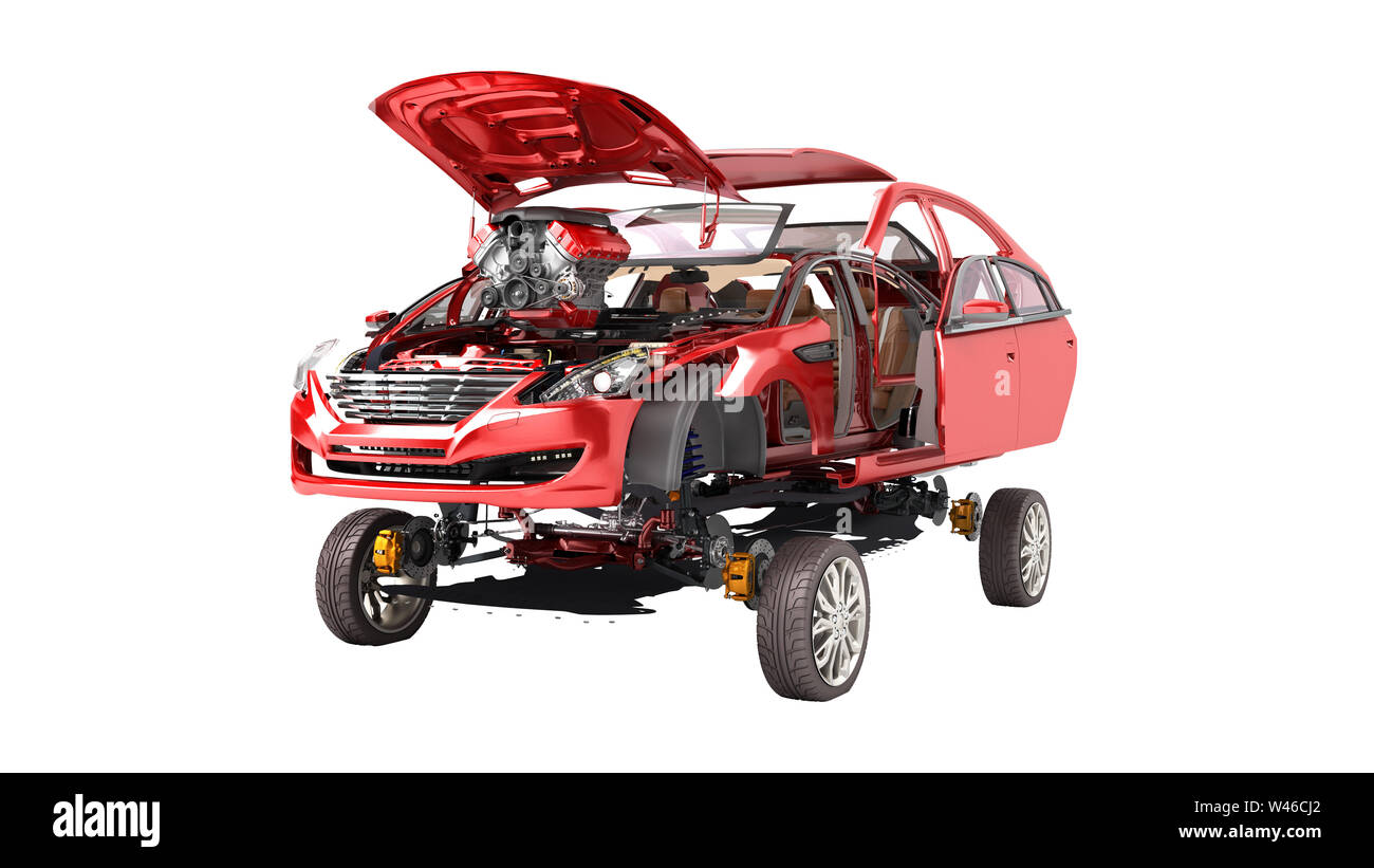 Modern concept of auto repair work Details of the red car on a white ...