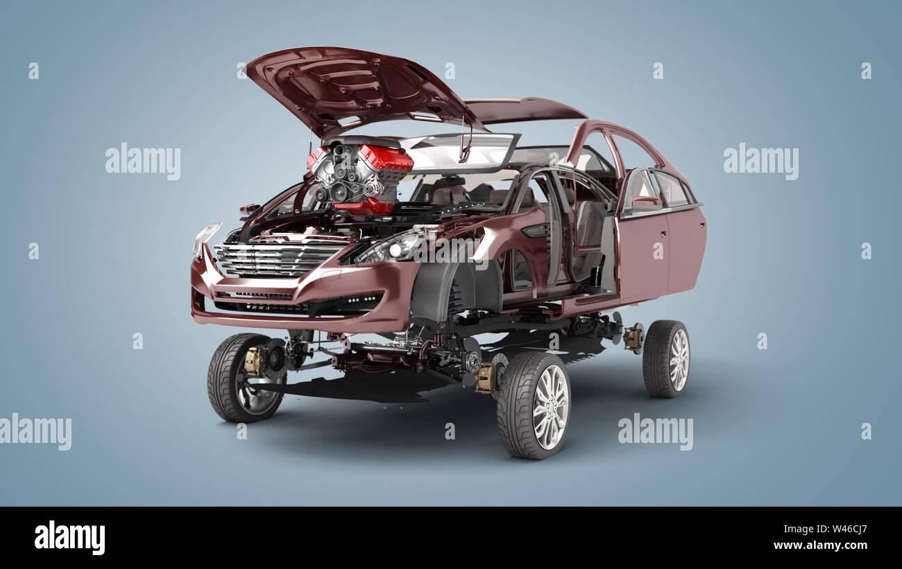Modern concept of auto repair work Details of the red car on a grey ...