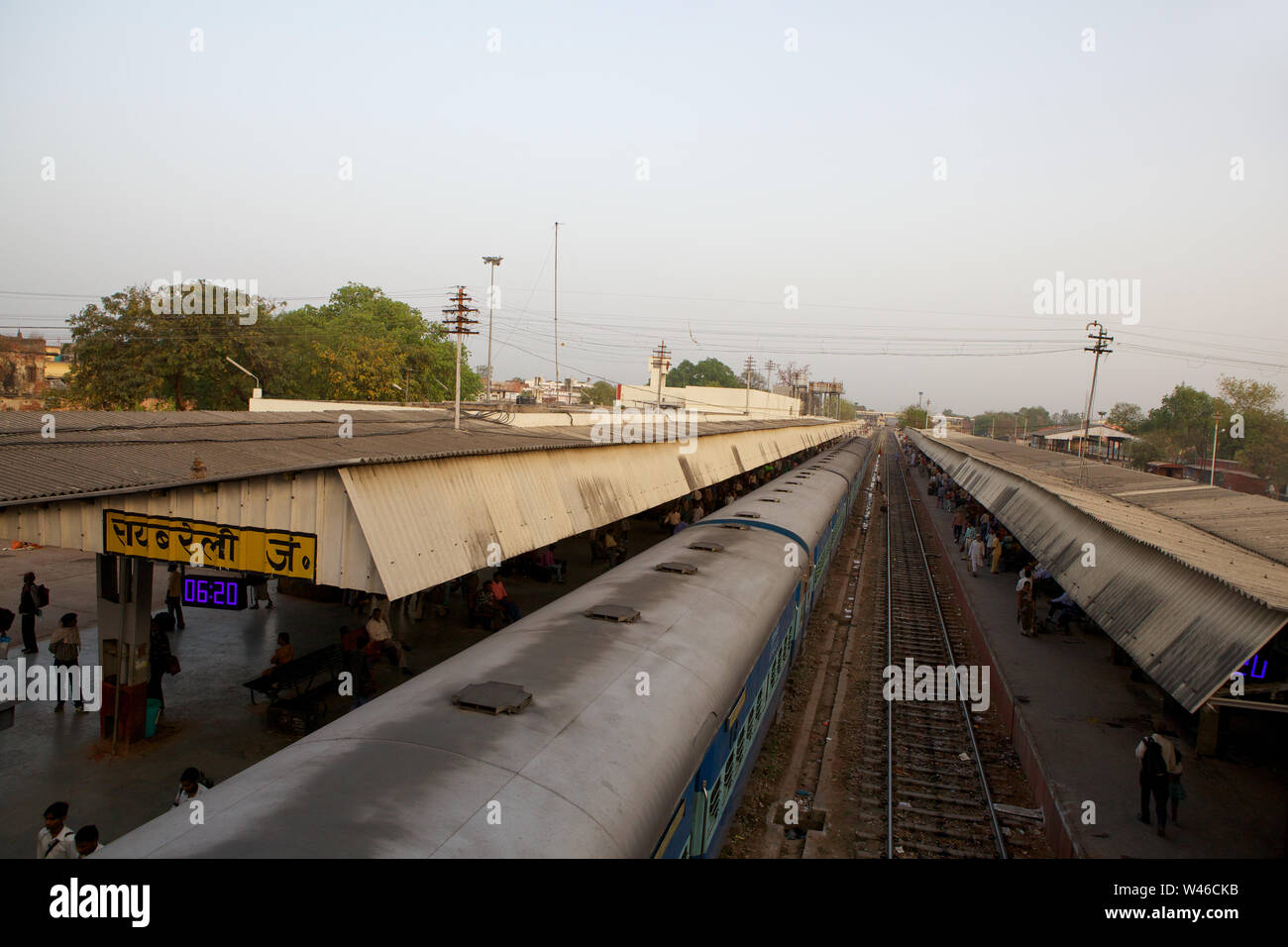 High angle view of a train at a platform, Raebareli, Uttar Pradesh ...