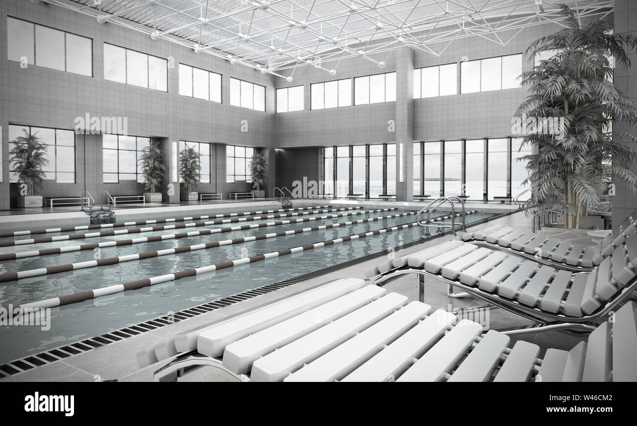 swimming pool interior 3d render image Stock Photo - Alamy