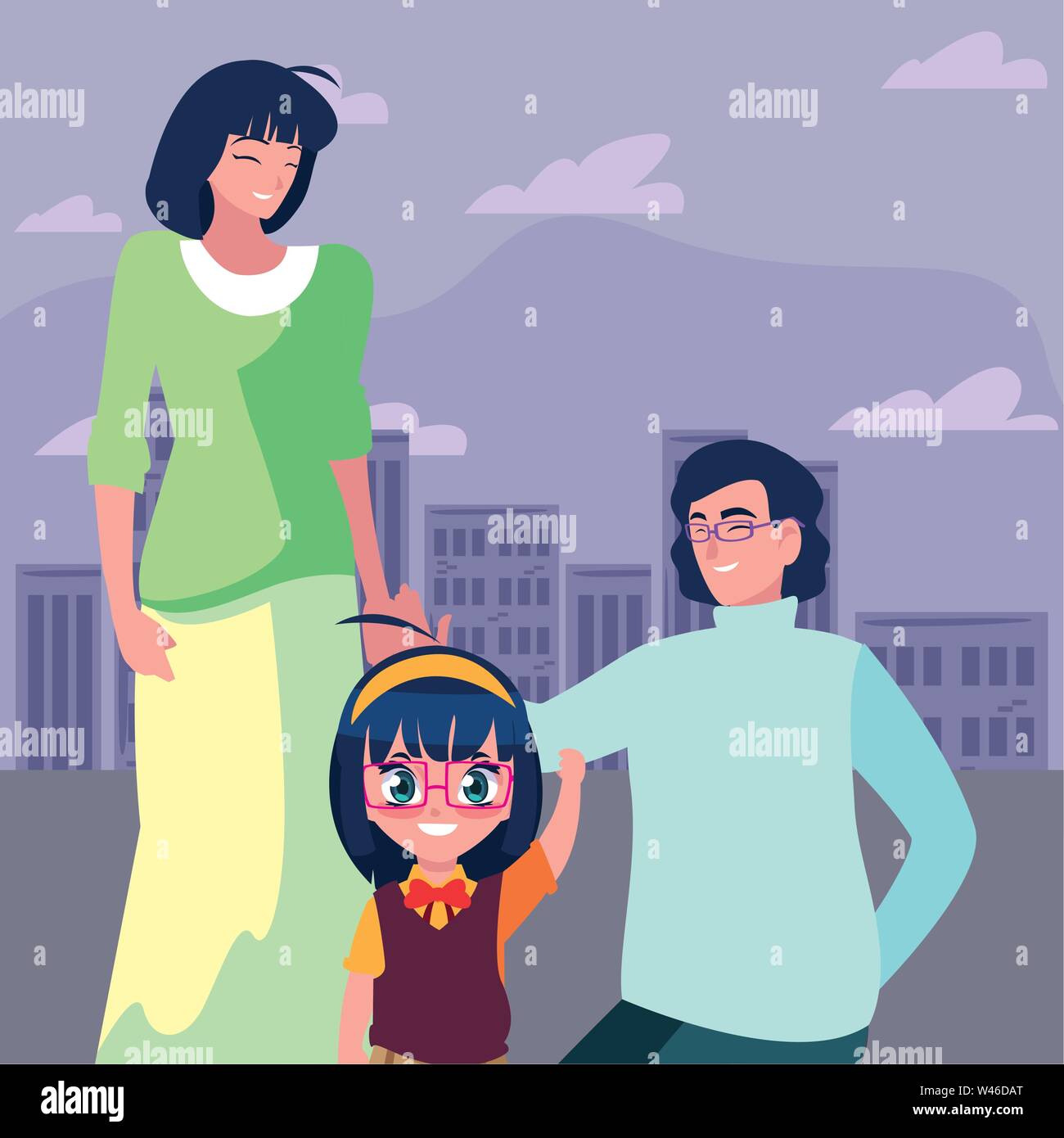 parents with her daughter student back to school vector illustration ...