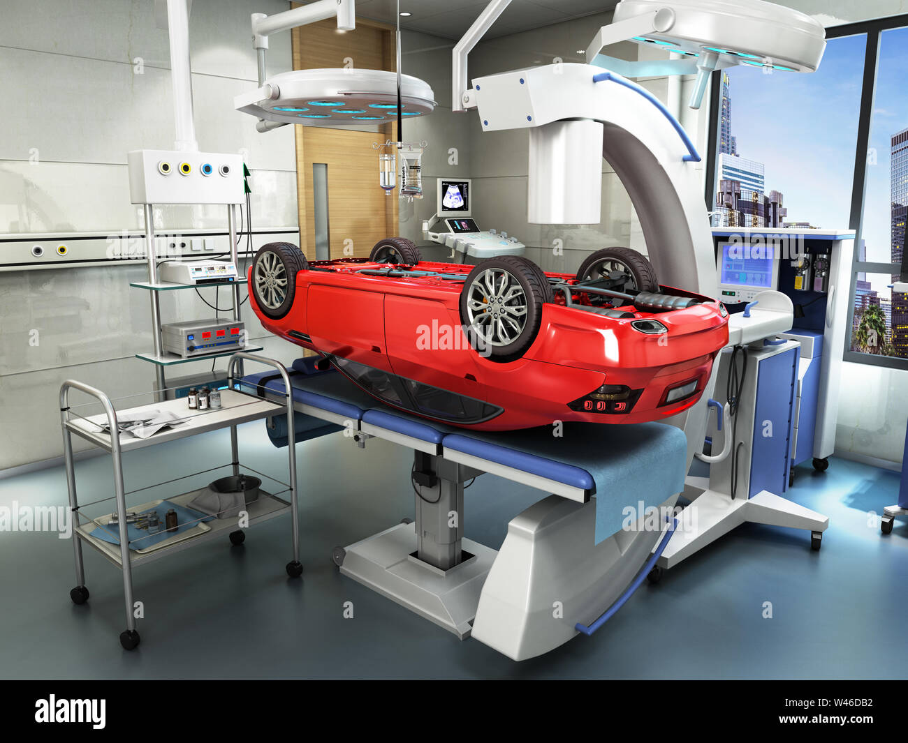 Modern concept of auto repair work Details of the red car on the ...