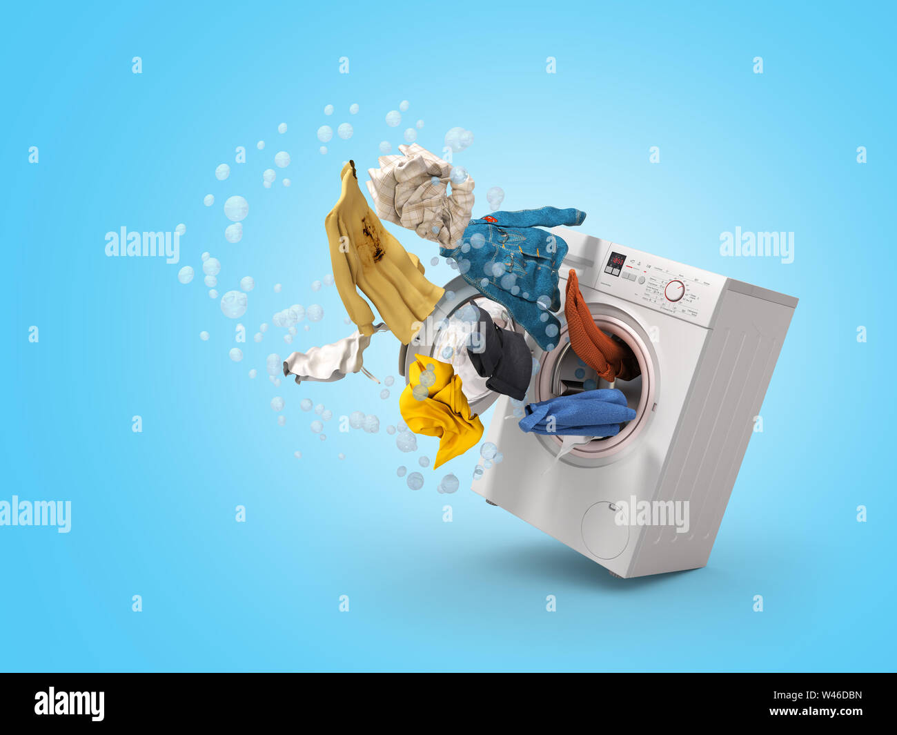 Washing machine and flying clothes on blue background Stock Photo - Alamy