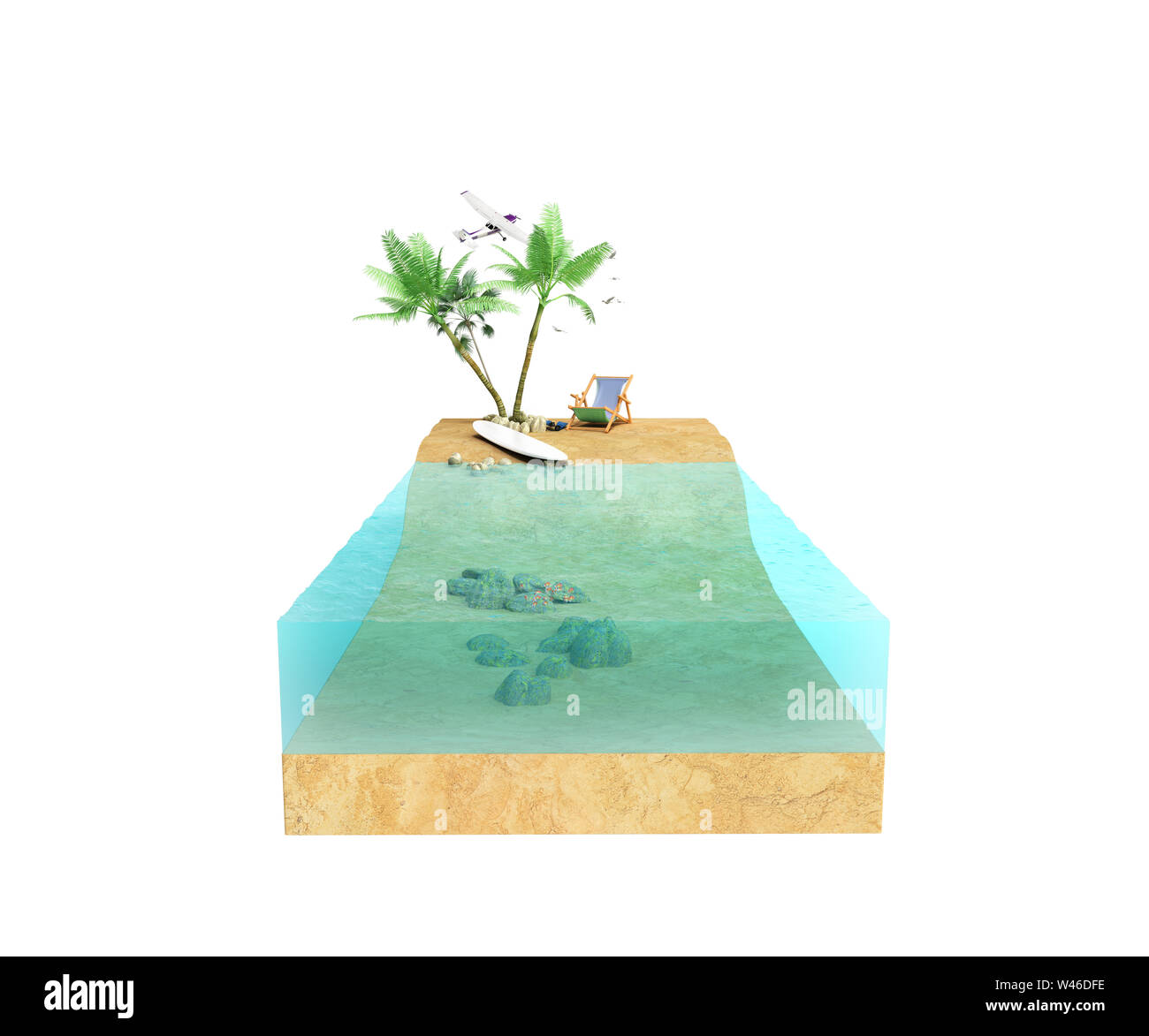 Piece of tropical island with water and palms on a beach in cross ...