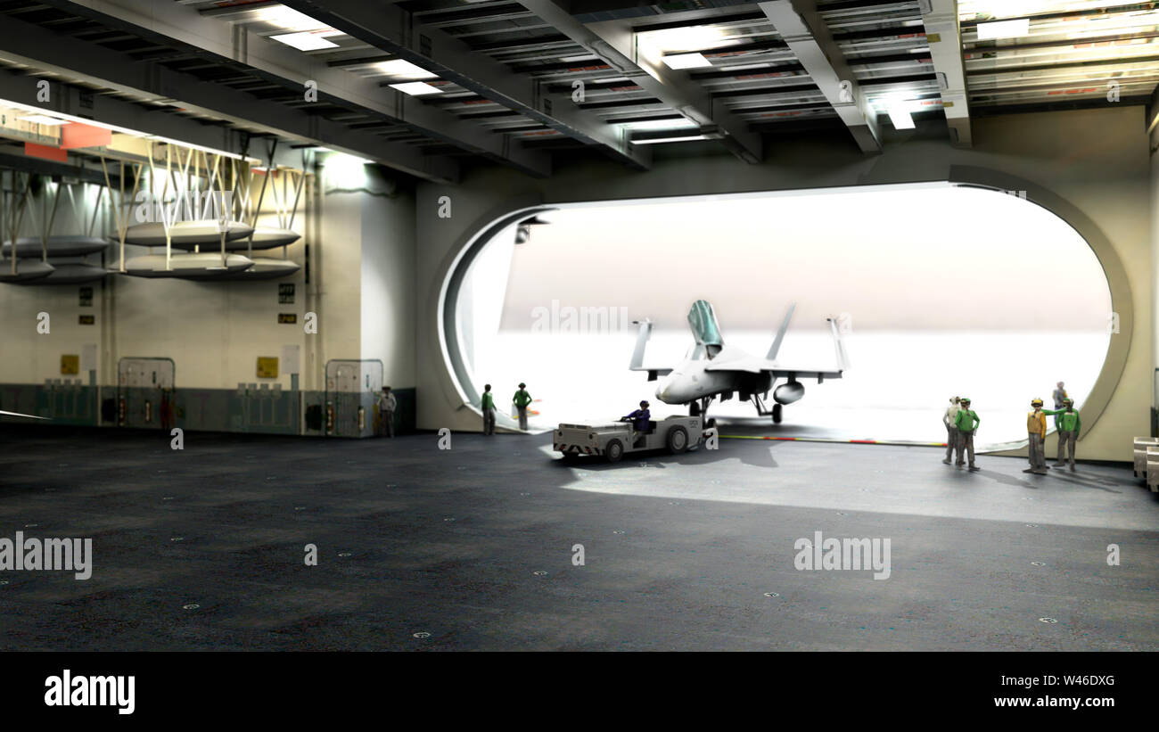 fighter aircraft on the inner deck of an aircraft carrier 3d render ...