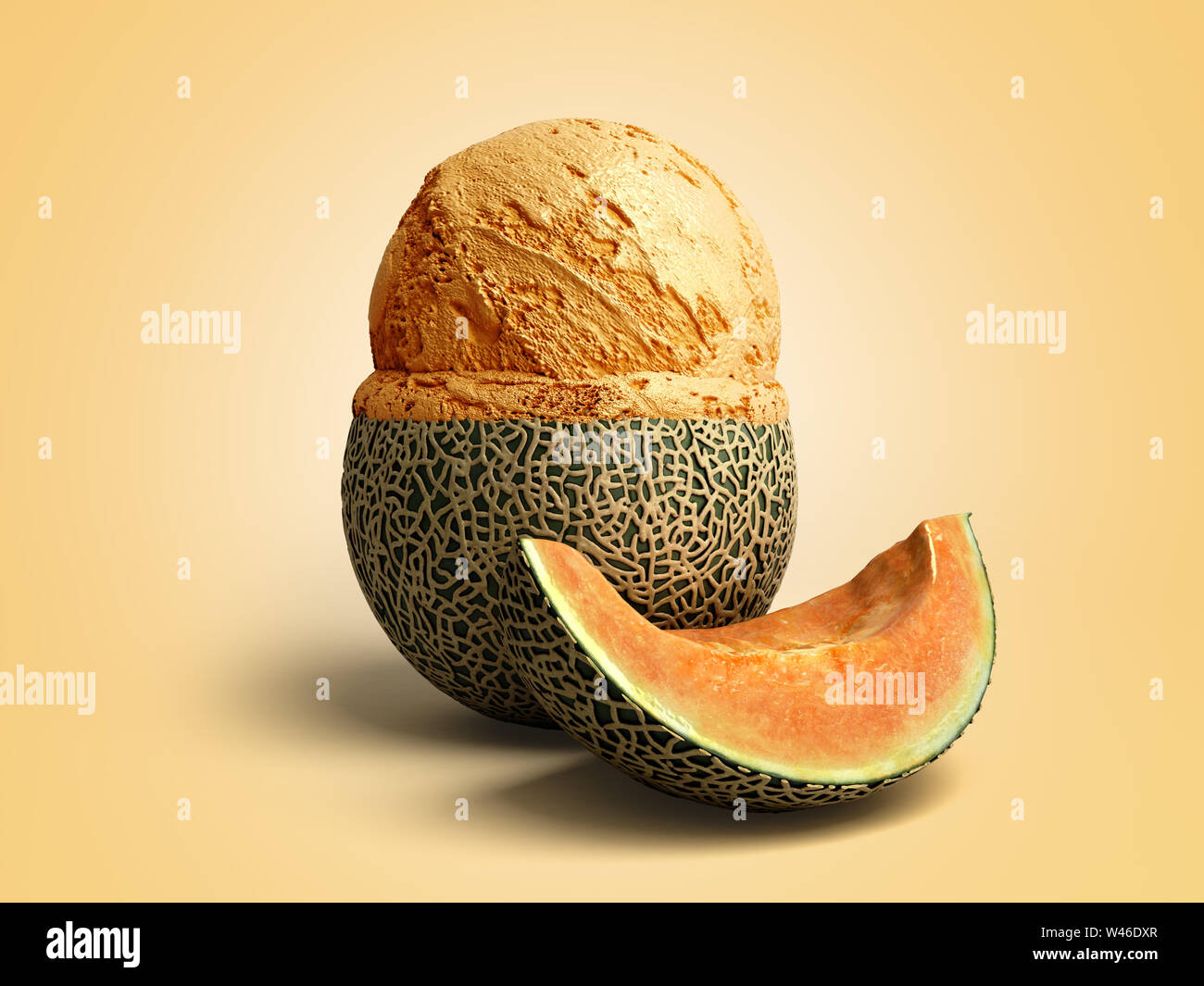 modern concept of fruit ice cream A melon ice cream ball lies on a ...