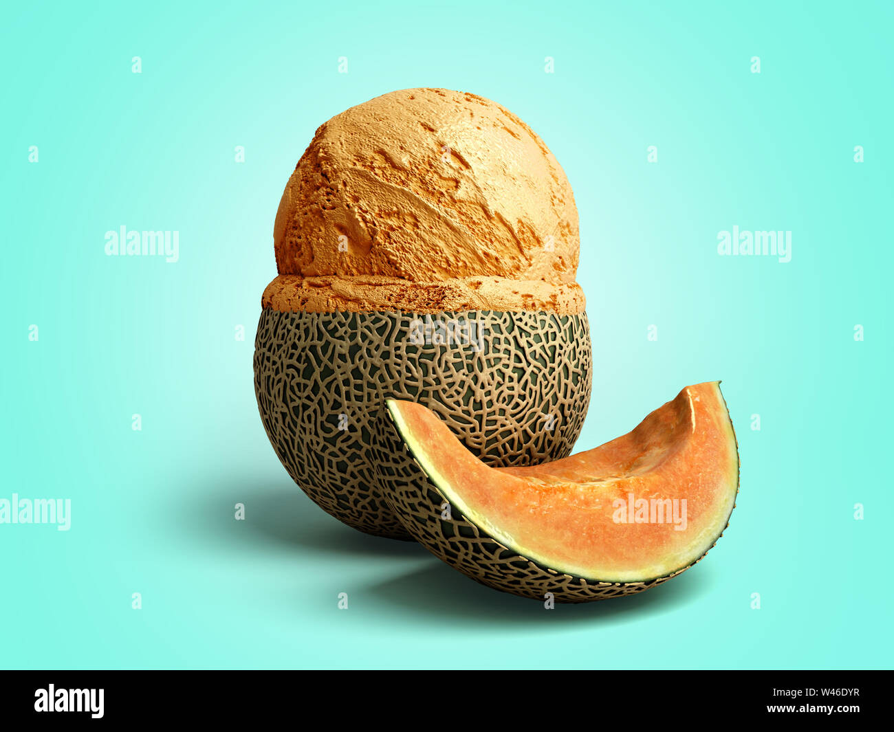 modern concept of fruit ice cream A melon ice cream ball lies on a ...