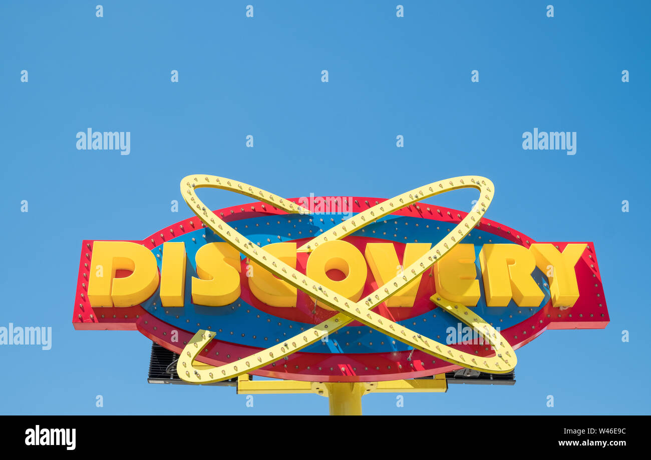 Discovery - single word used as a colourful funfair sign with a clear ...