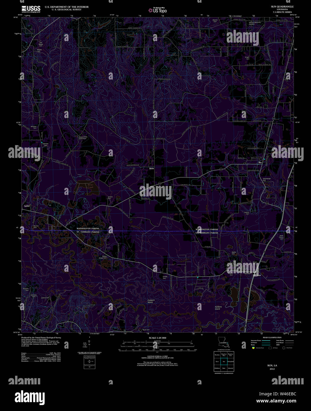 USGS TOPO Map Louisiana LA Sun 20120309 TM Inverted Stock Photo - Alamy