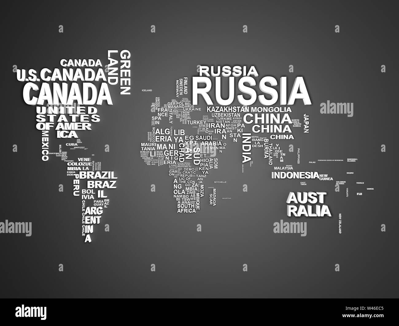 The world map with all states and their names 3d illustration on grey ...