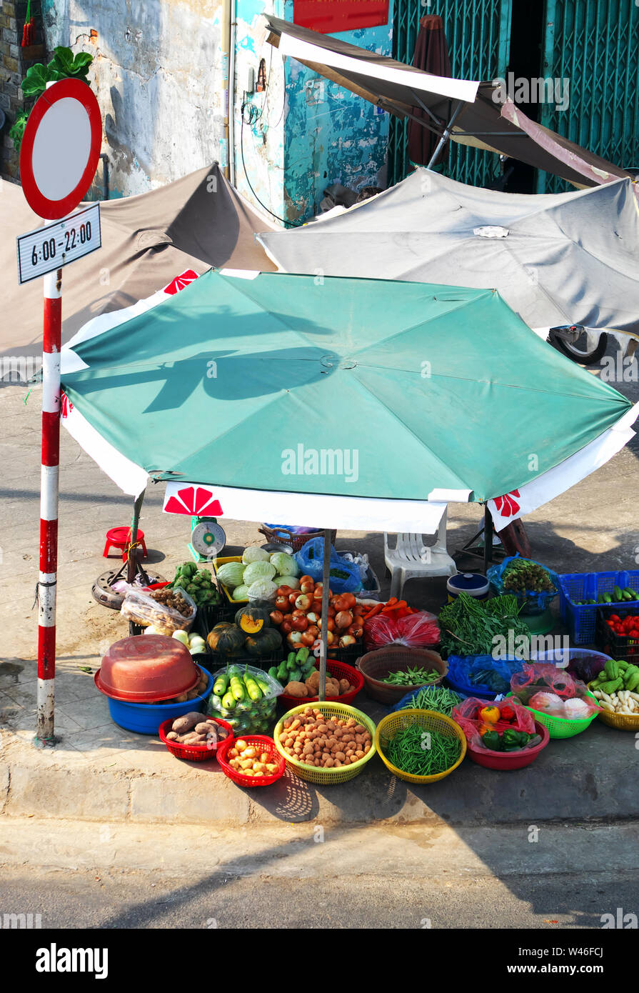 High view outdoor food store at pavement street at Ho chi Minh city ...