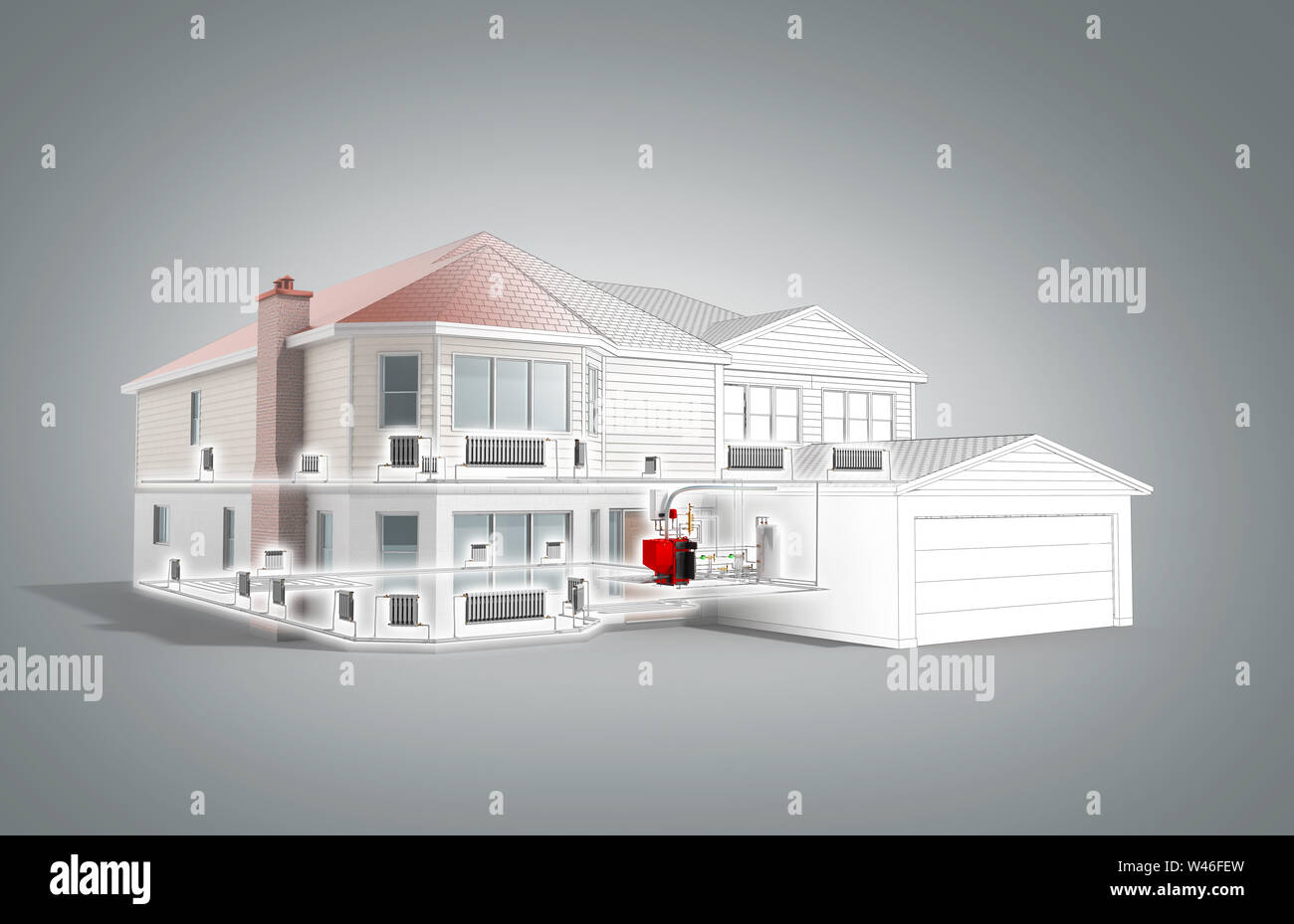 private house heating system building concept 3d render on grey Stock ...