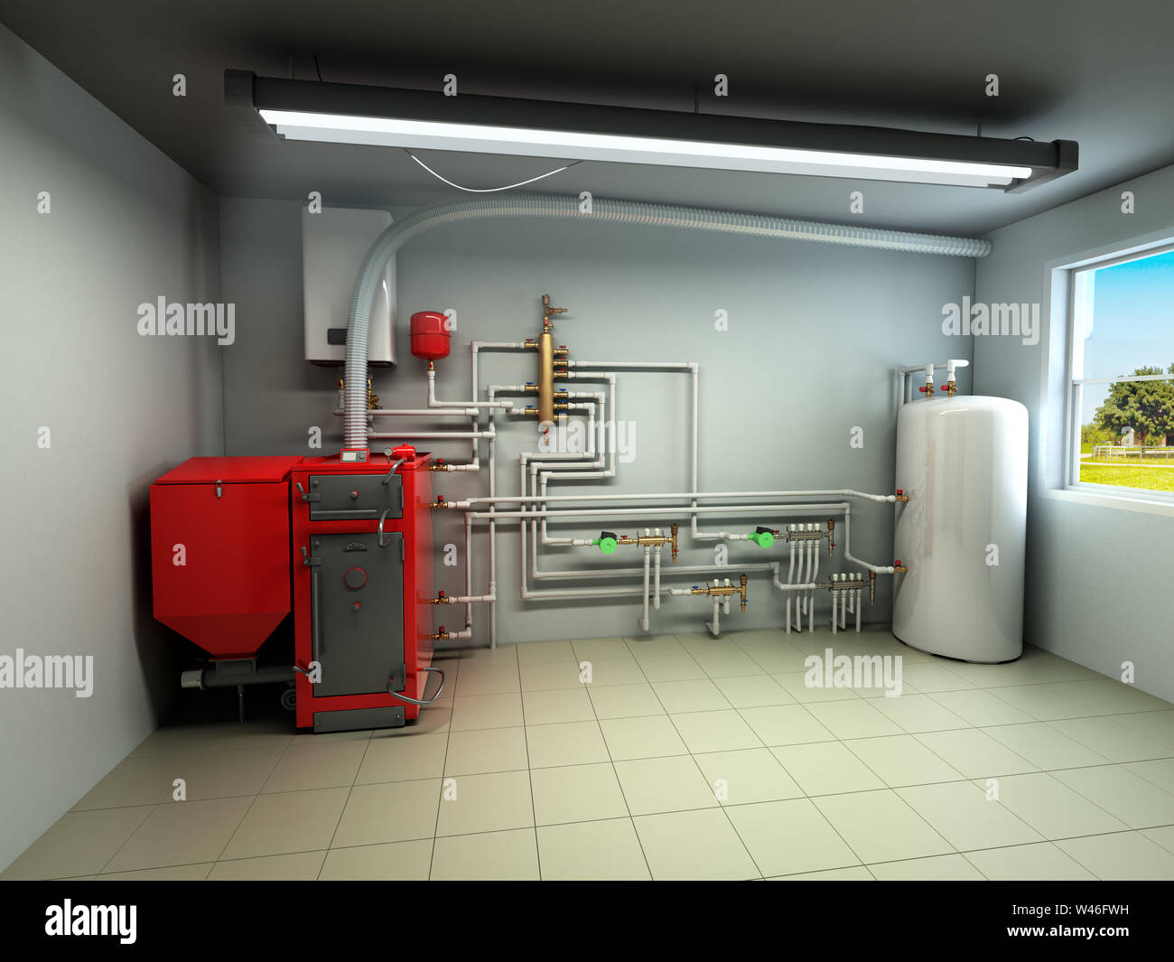 Hot water boiler Boiler room with a heating system 3d render Stock ...