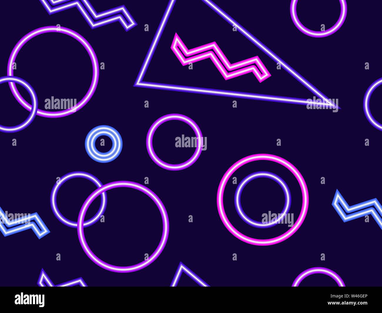 Seamless pattern with glowing neon geometric shapes in the memphis ...