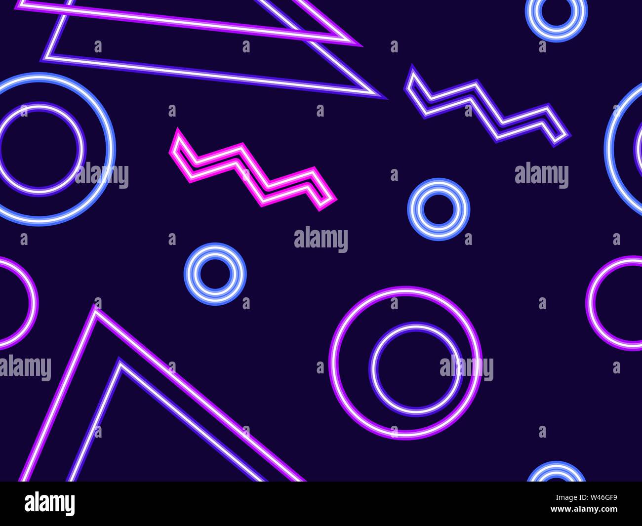 Seamless pattern with glowing neon geometric shapes in the memphis ...