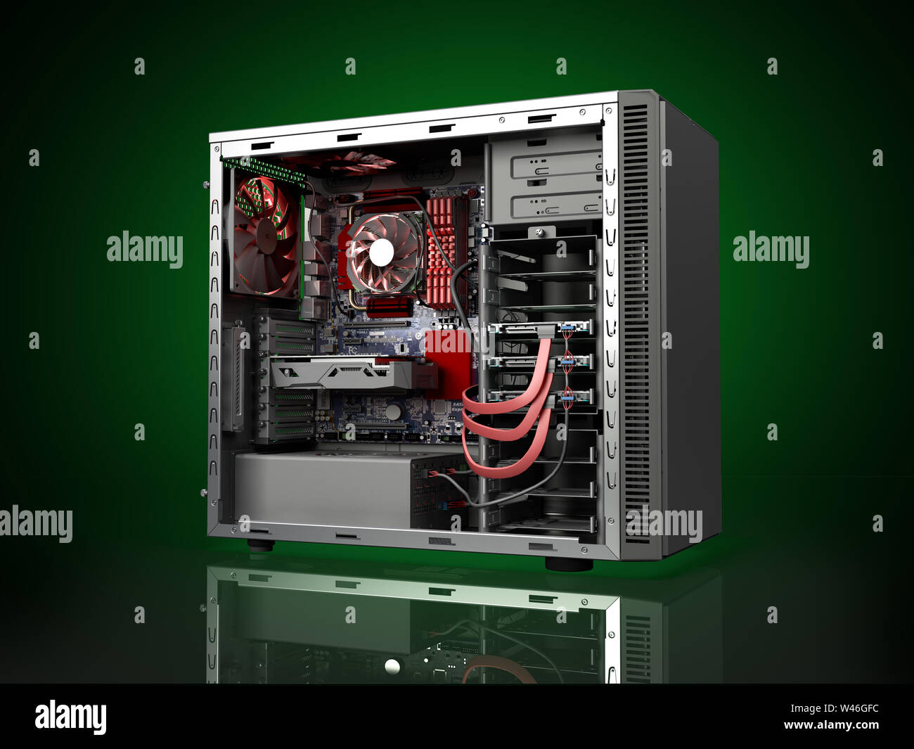 open PC case with internal parts motherboard cooler video card power ...