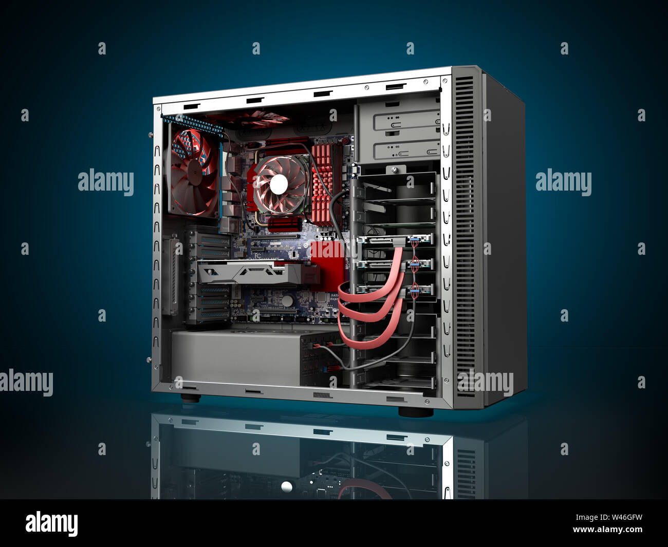 open PC case with internal parts motherboard cooler video card power ...