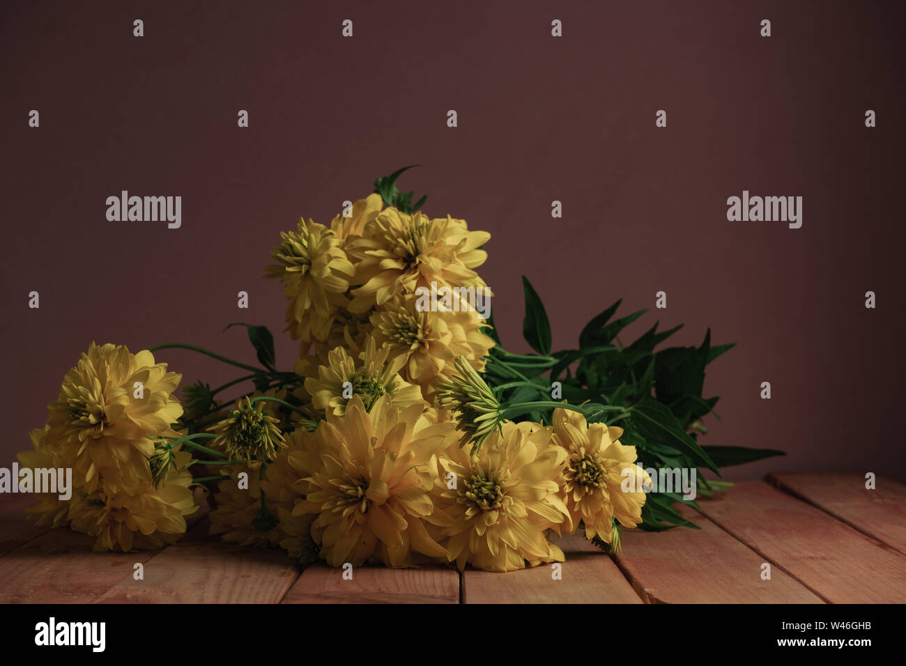 Yellow flowers on a red wooden table, beautiful dark-red wall ...