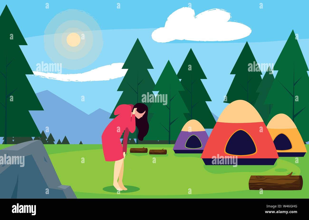 woman camping forest tents trees field vector illustration Stock Vector ...