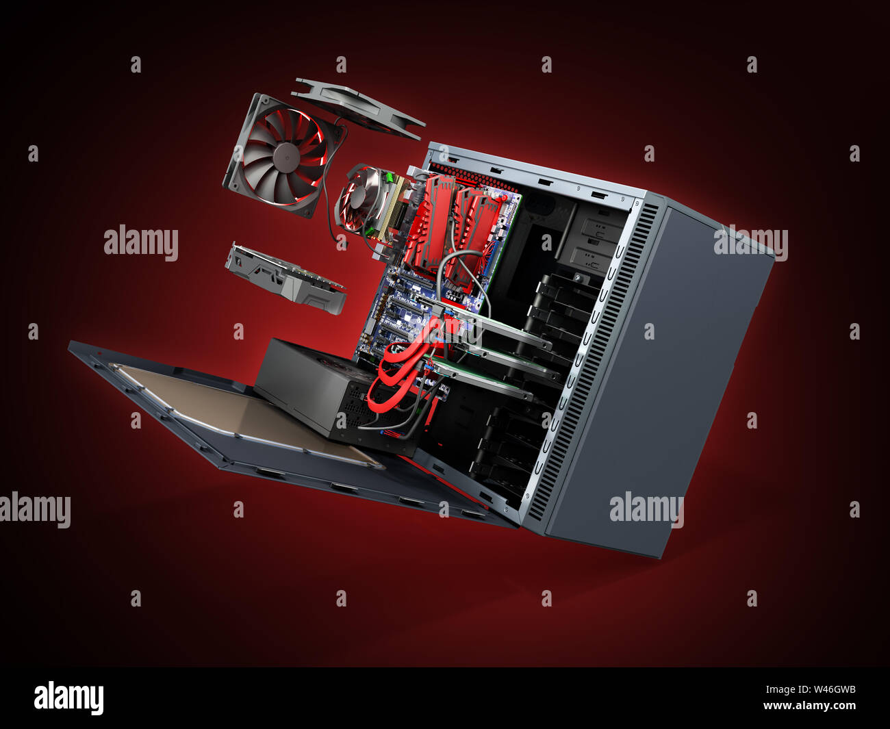 open PC case with internal parts motherboard cooler video card power ...