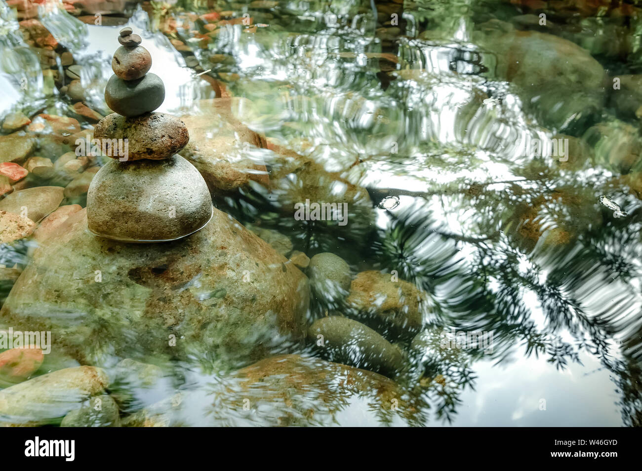 Amazing tropical rain forest landscape with lake and balancing rocks ...