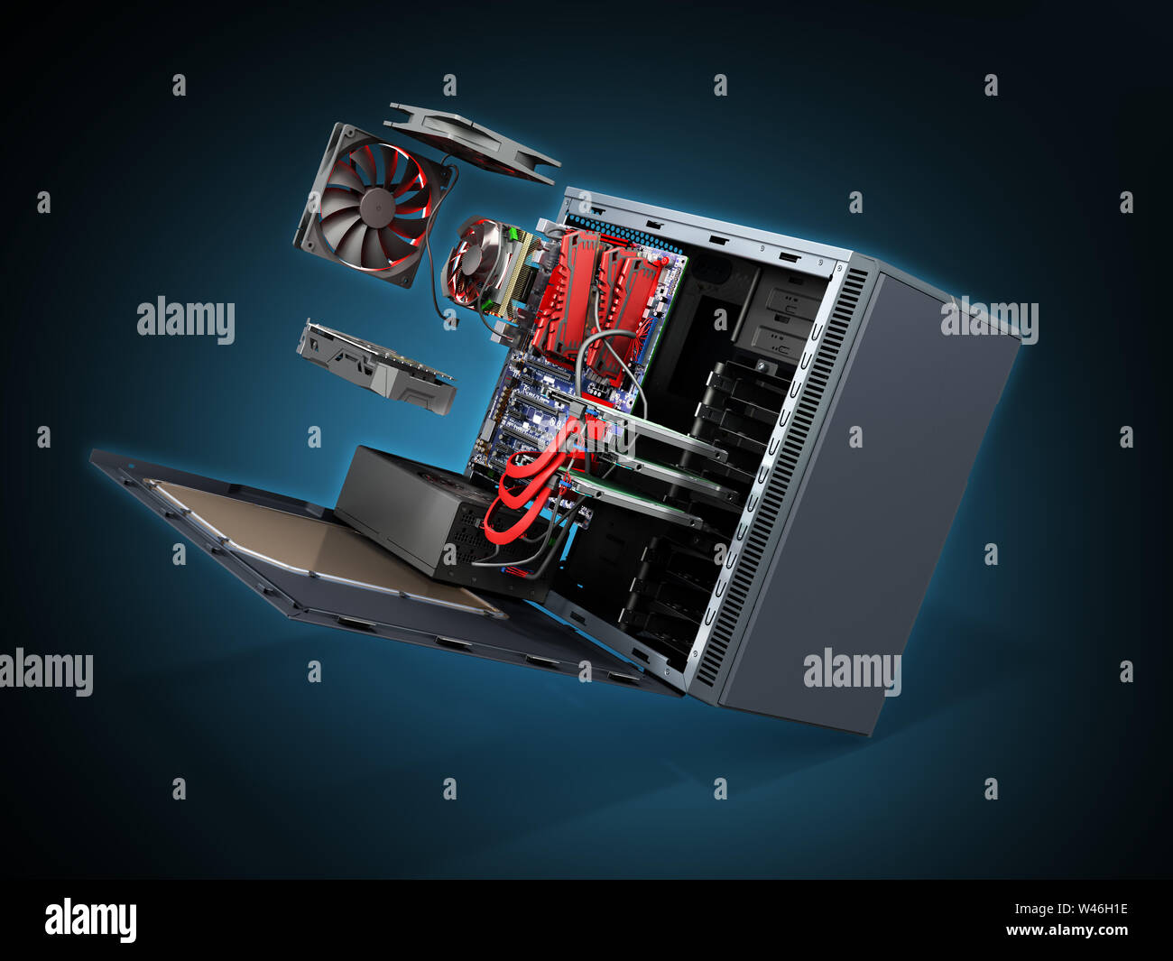 open PC case with internal parts motherboard cooler video card power ...