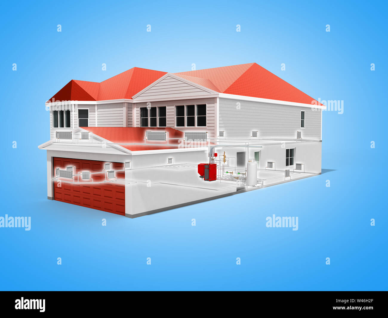 private house heating system building concept 3d render on blue Stock ...
