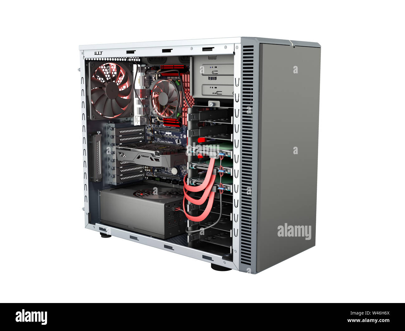 open PC case with internal parts motherboard cooler video card power ...