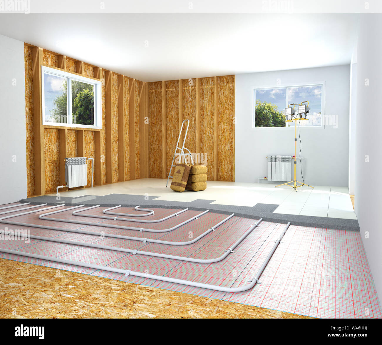 The concept of internal repair work. Room with a warm floor and ...