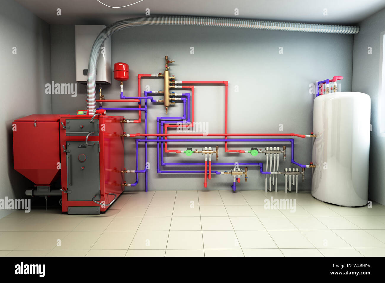 Hot water boiler Boiler room with a heating system 3d render Stock ...