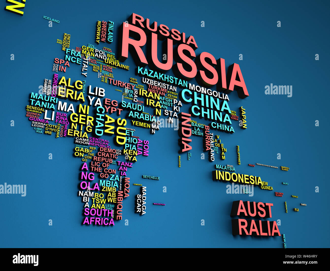 The world map with all states and their names 3d illustration on blue ...