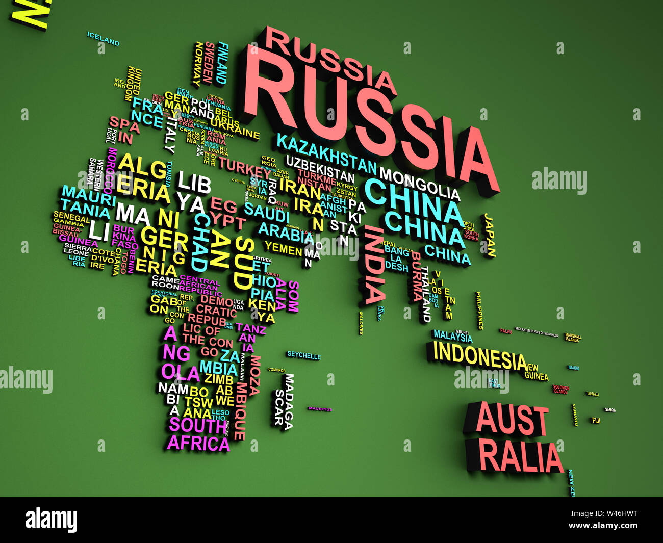 The world map with all states and their names 3d illustration on green ...