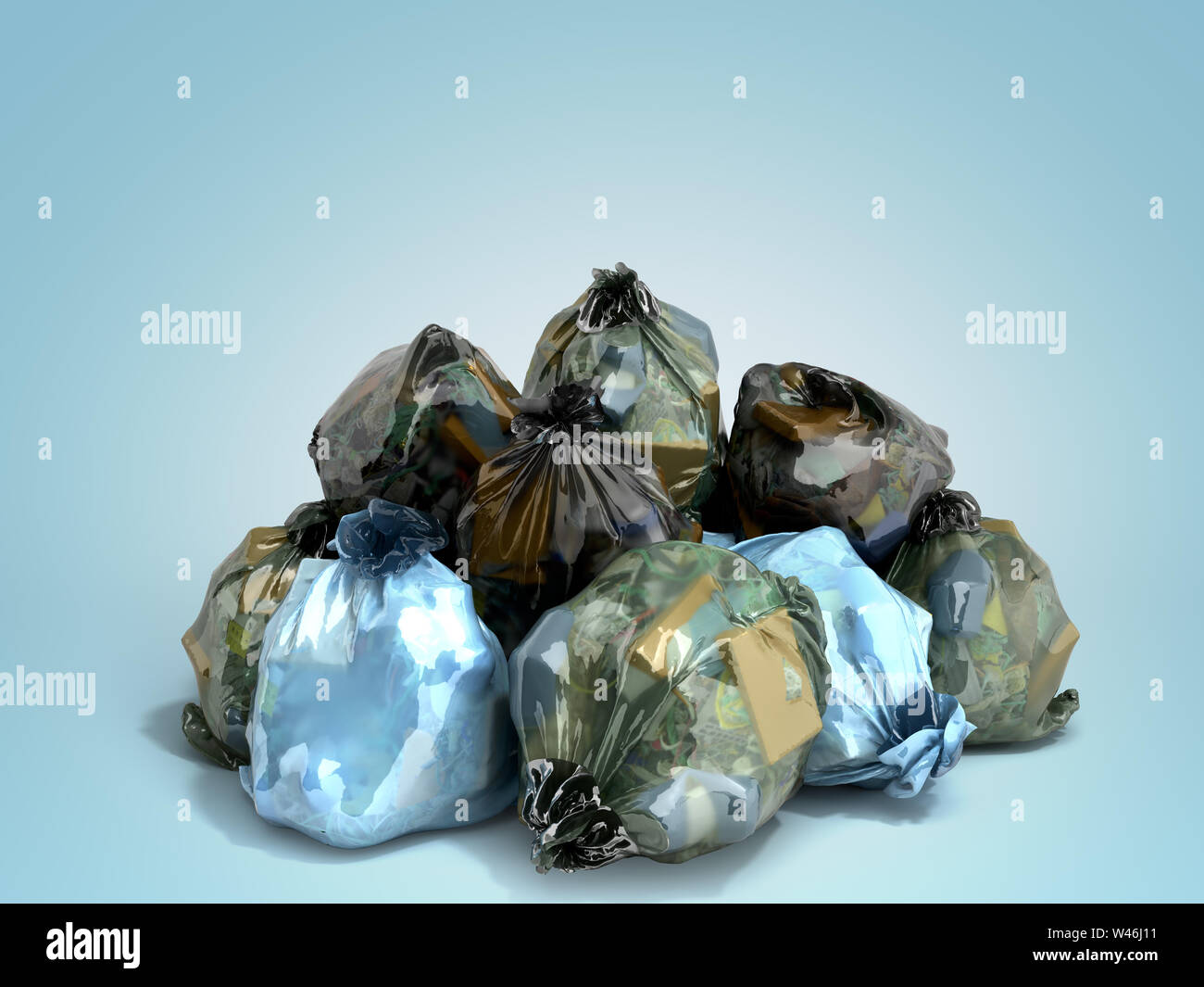 close up of a garbage bags stack 3d render on blue background Stock ...
