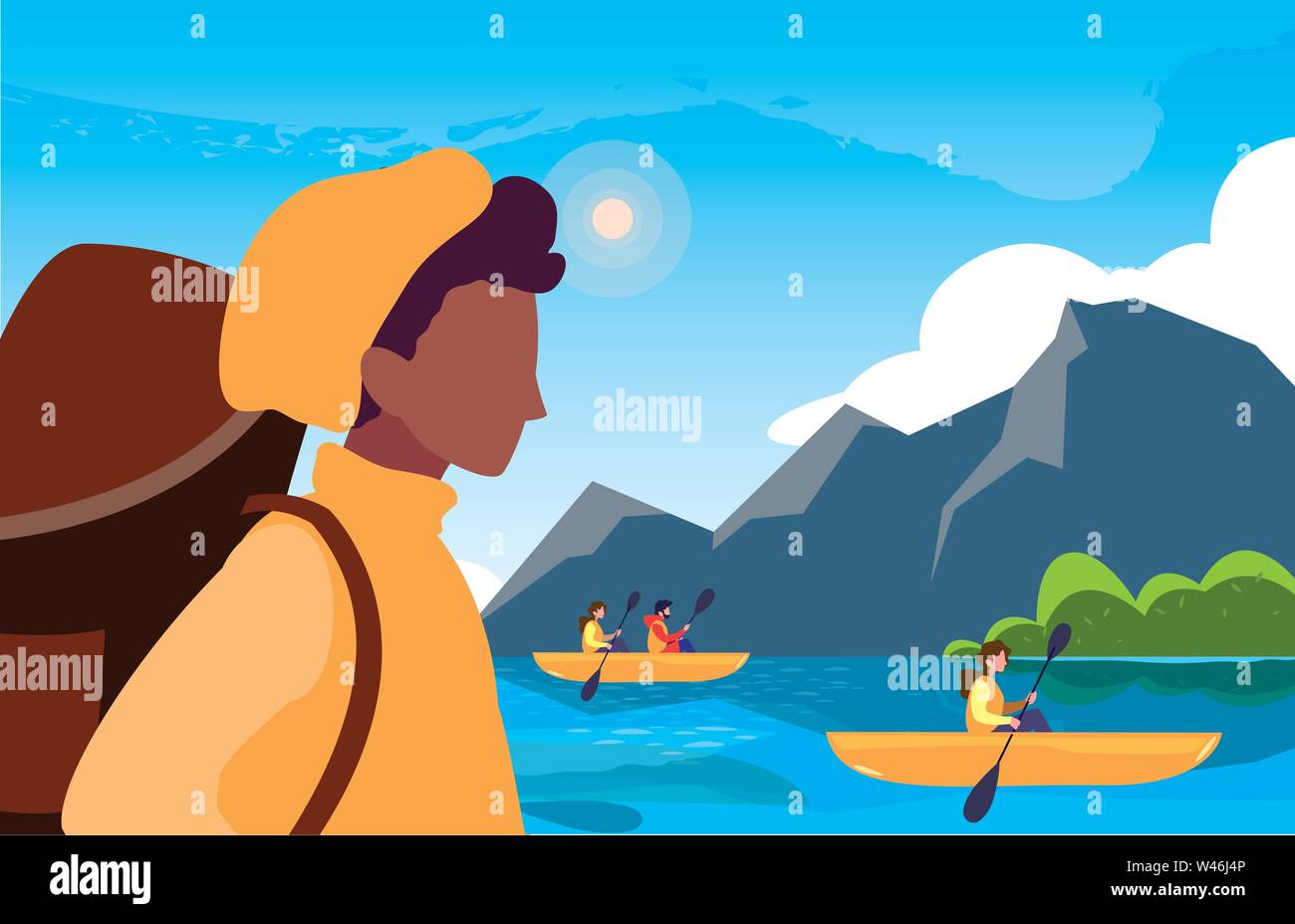 traveler man and people rowboat landscape vector illustration Stock ...