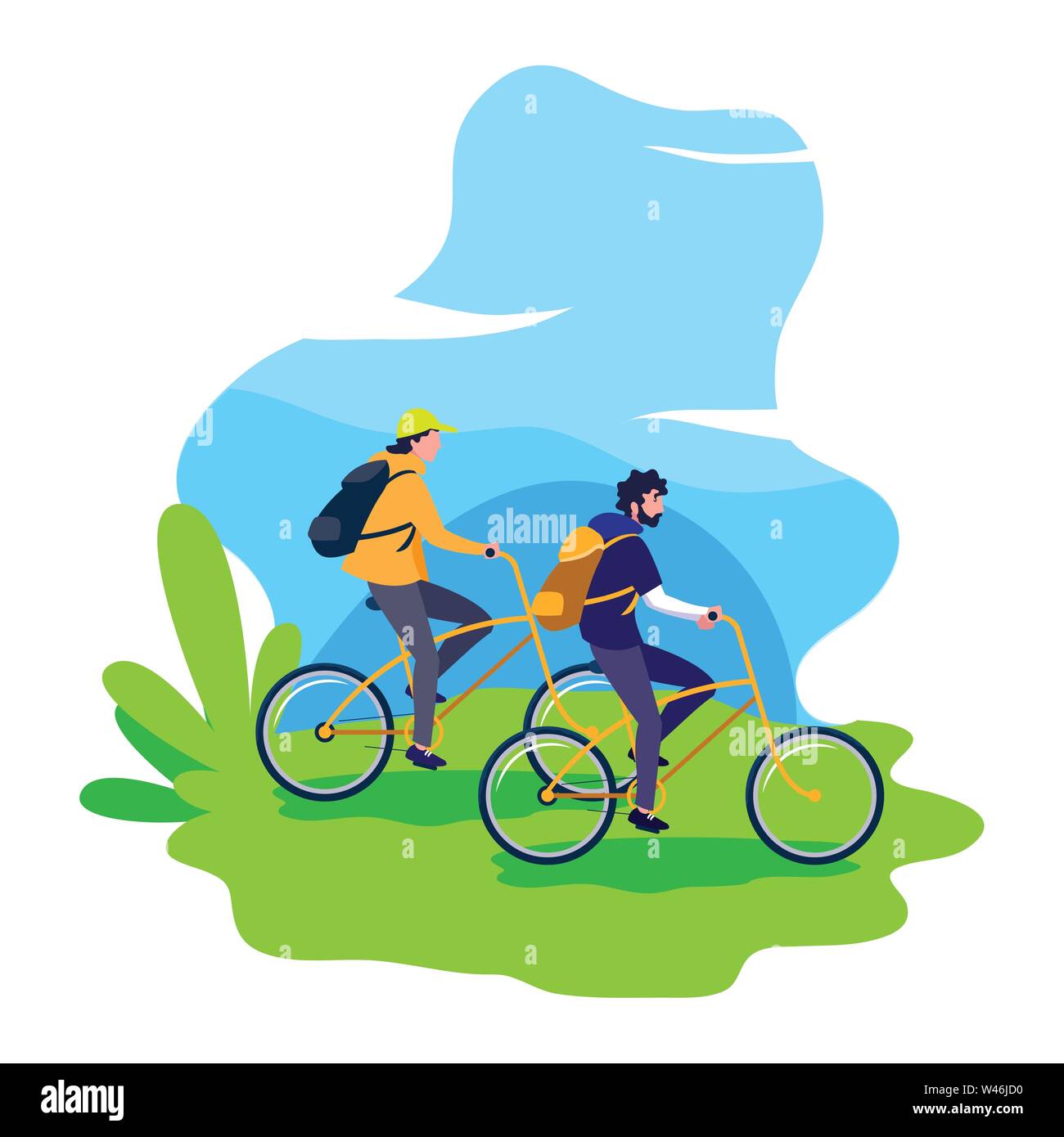 two men riding bike landscape natural vector illustration Stock Vector ...