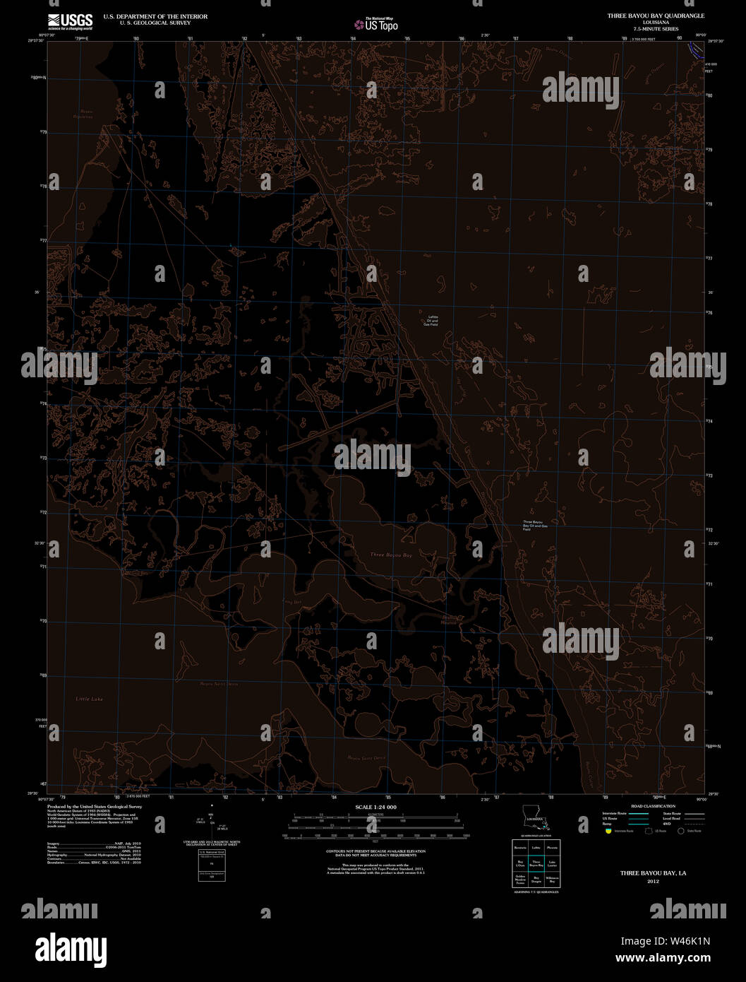 USGS TOPO Map Louisiana LA Three Bayou Bay 20120413 TM Inverted Stock ...