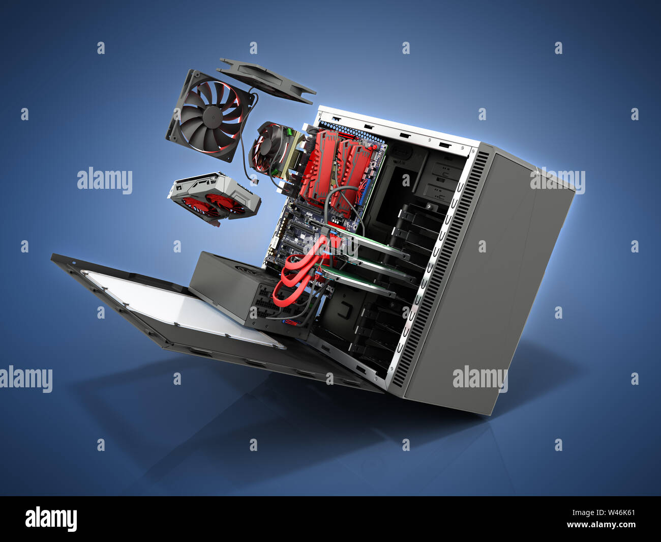 open PC case with internal parts motherboard cooler video card power ...