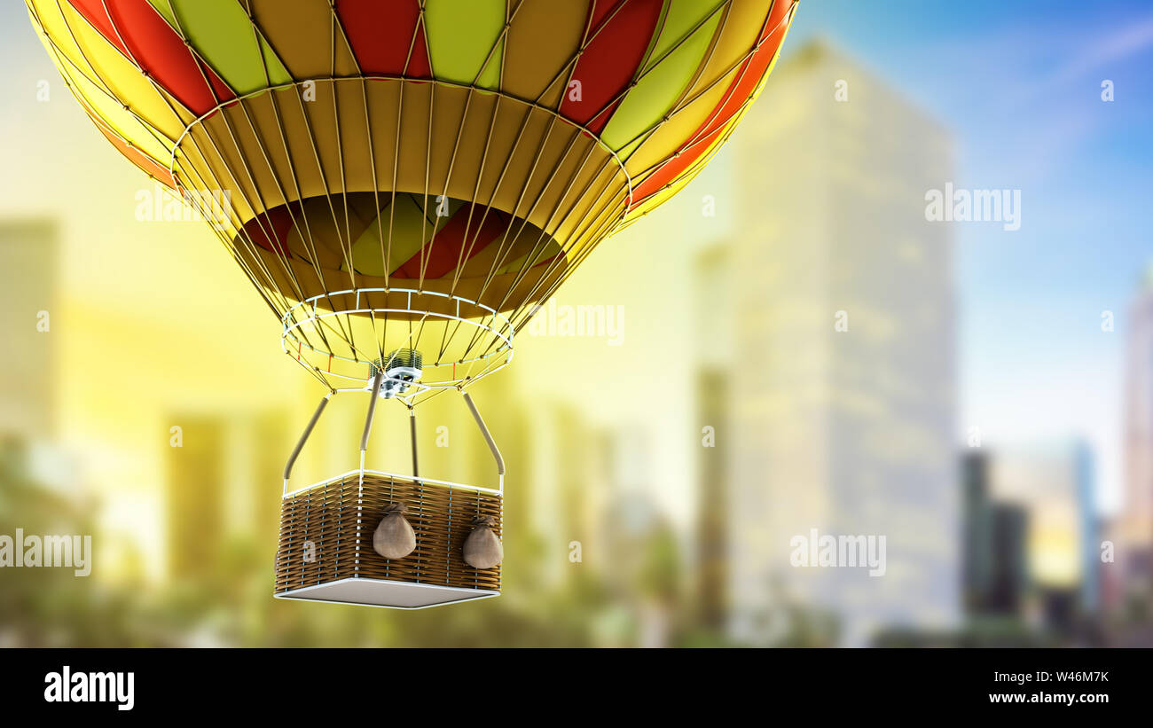 Hot Air color balloon 3d render oncity background Stock Photo - Alamy