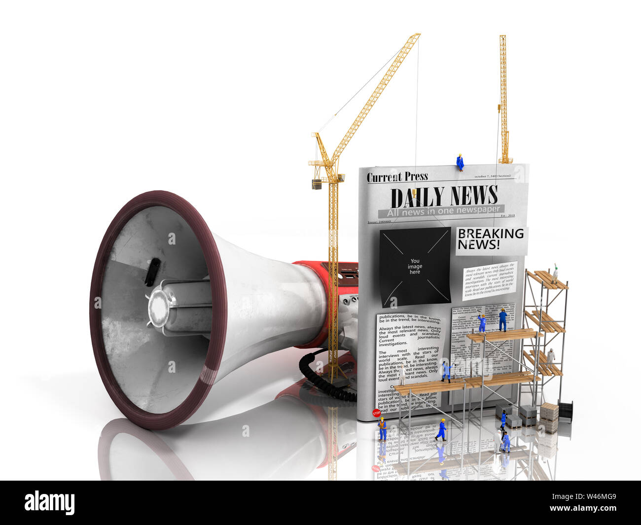 concept of creating news Builders glue the text to an empty newspaper ...