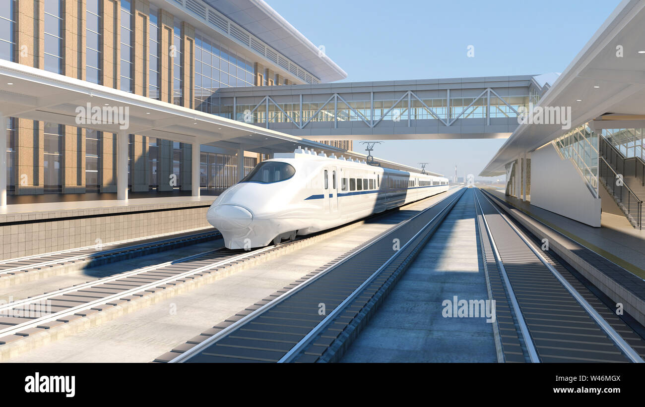 White modern high speed train on railway station at sunset Railway ...