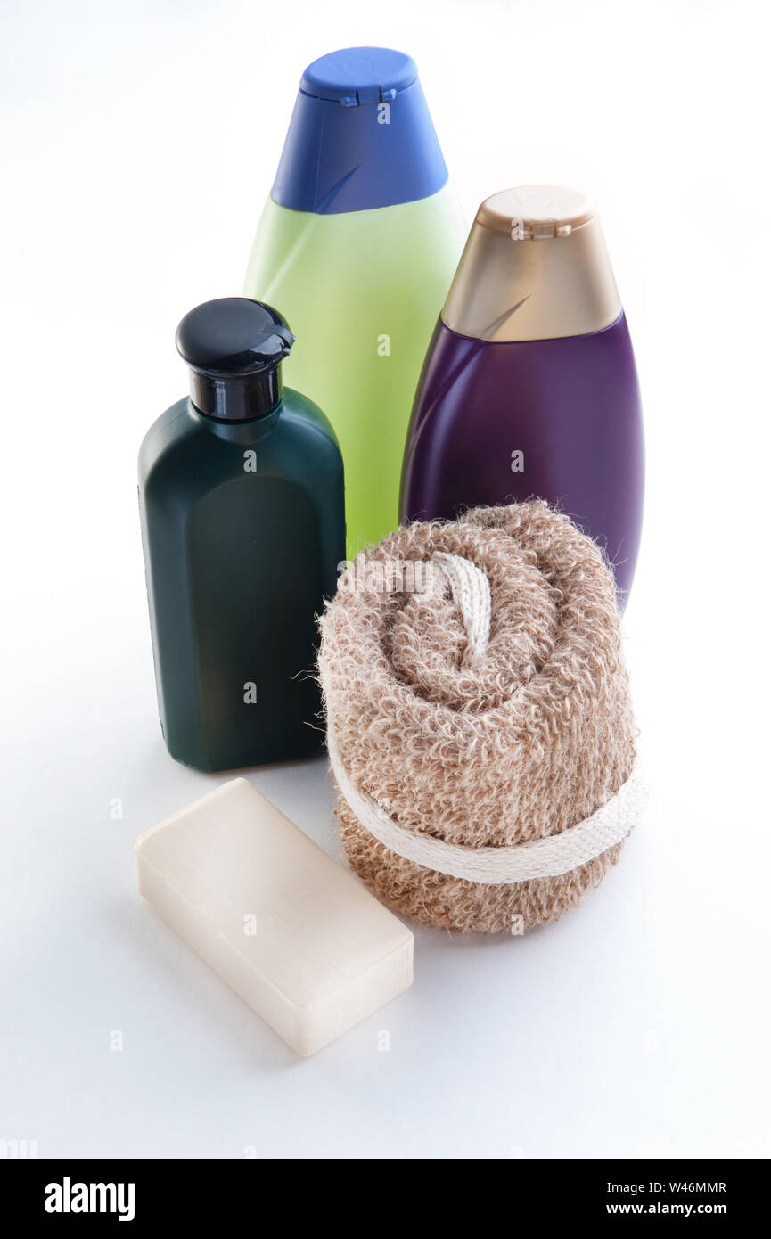shampoos with a washcloth and soap on white background Stock Photo - Alamy