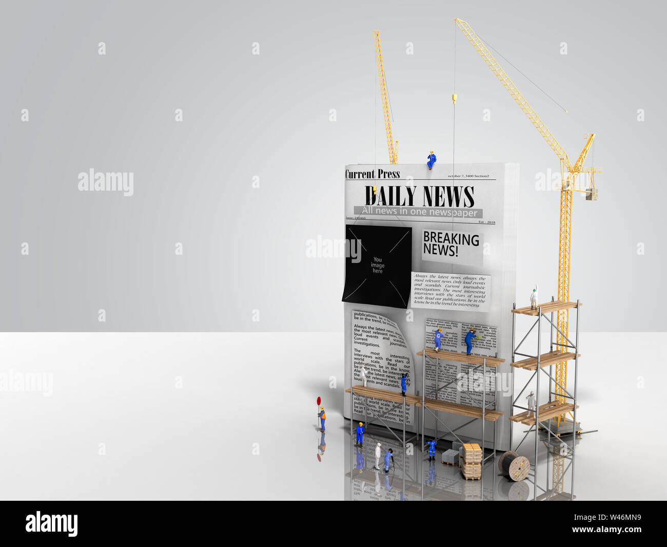 news building concept builders stick newspaper columns on a blank ...