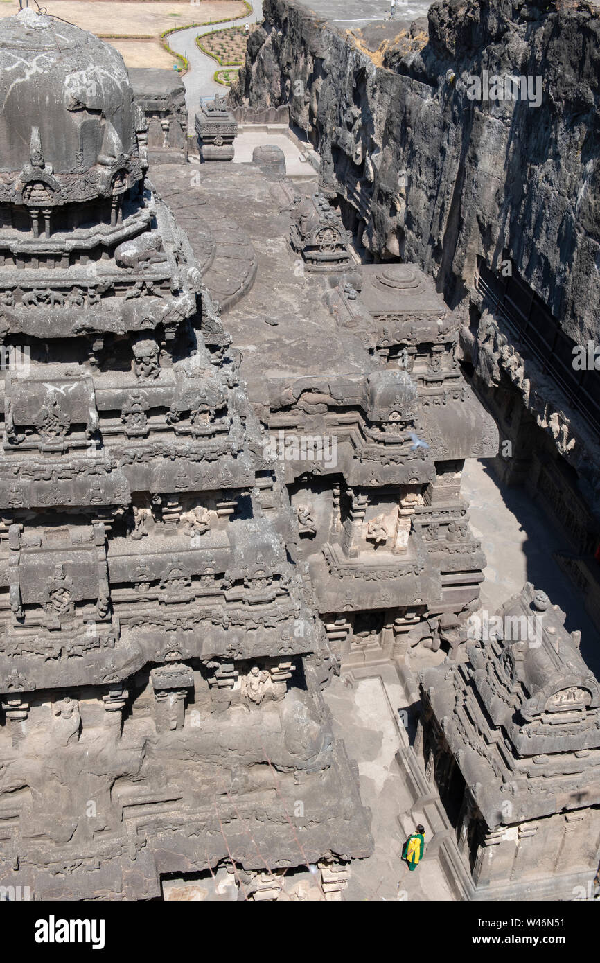 India, Maharashtra, Ellora, Ellora Caves. Overview looking down on the ...