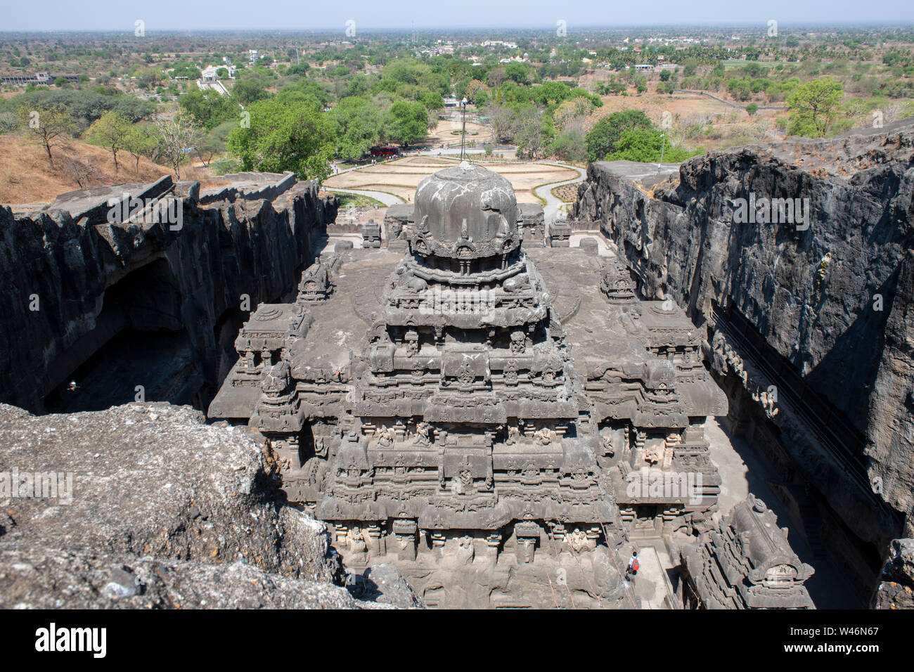 India, Maharashtra, Ellora, Ellora Caves. Overview looking down on the ...