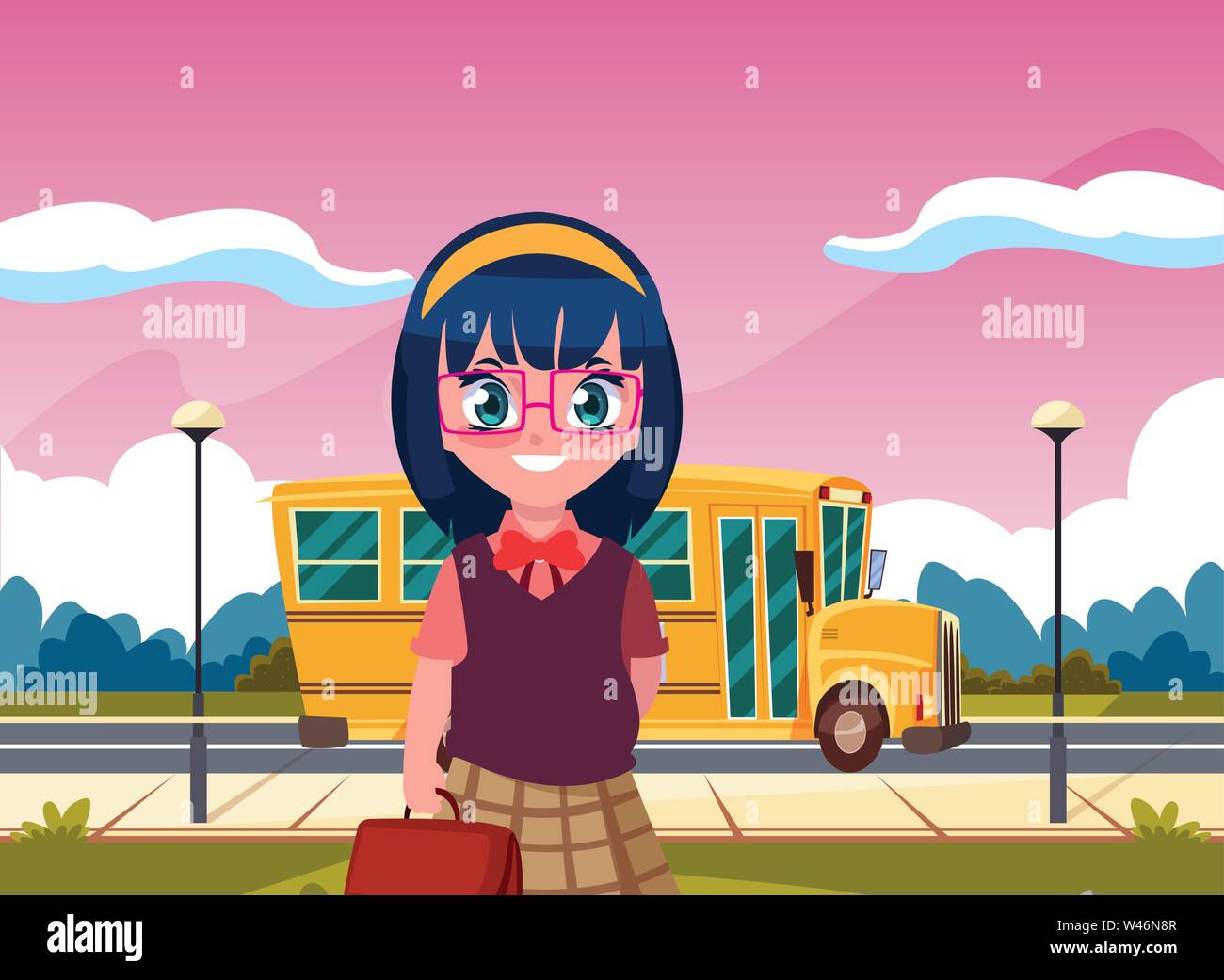 student girl with bus back to school vector illustration Stock Vector ...
