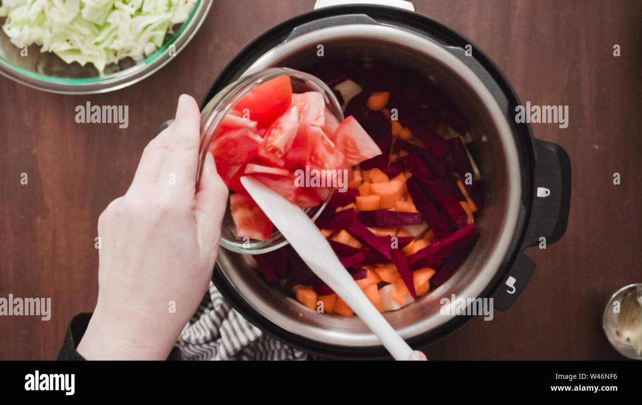Step by step. Flat lay. Cooking beet soup, borscht with organic ...