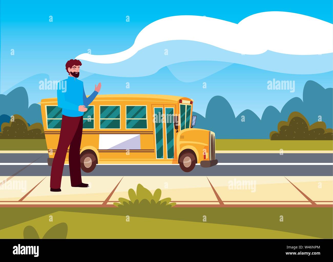 man and school bus in the street vector illustration Stock Vector Image ...