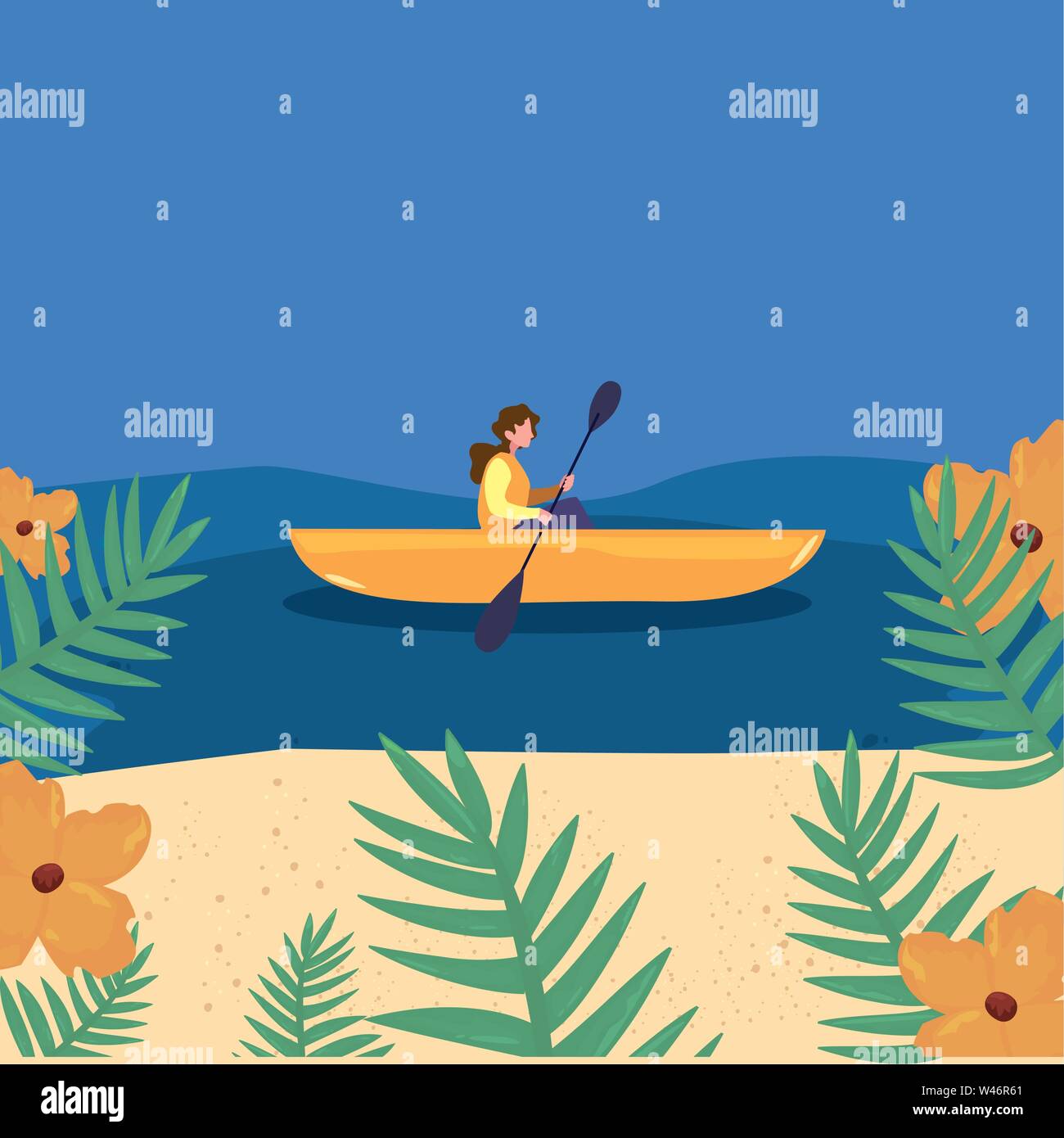 woman with boat and adventure rowing river flowers landscape vector ...
